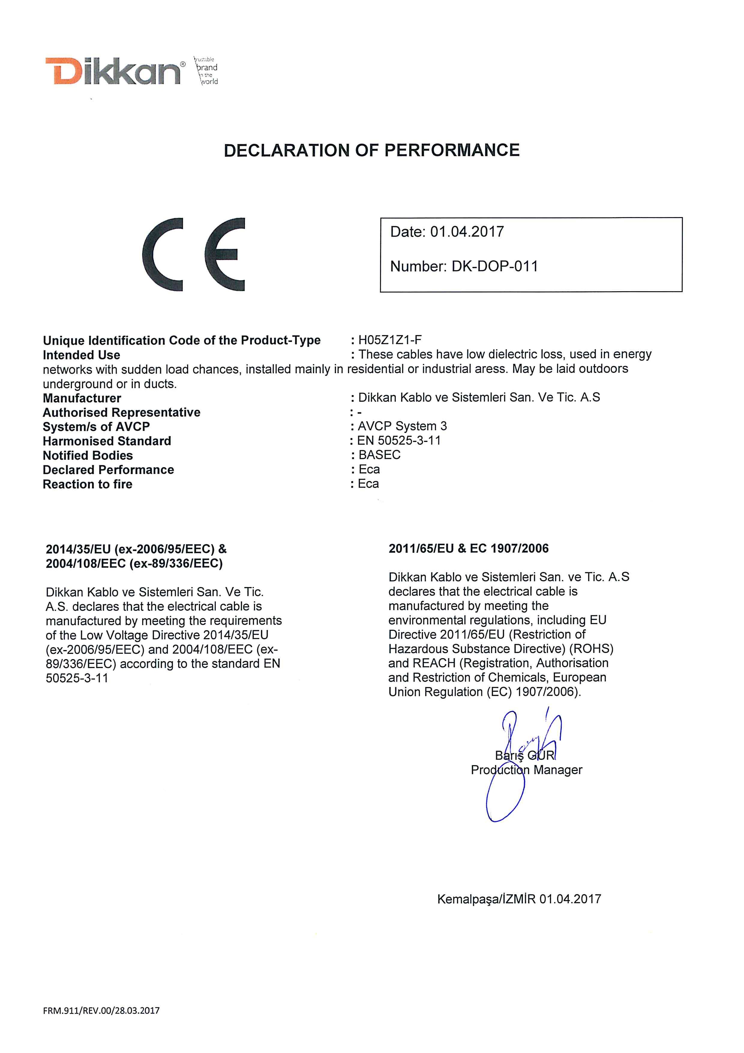 Ce Declaration Of Performance Dikkan Cable